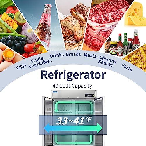 ICECASA 54" W Commercial Refrigerator Reach-in 49 Cu.ft 2 Solid Door Stainless Steel Commercial Refrigerator Fan Cooling for Restuarant, Bar, Shop, etc