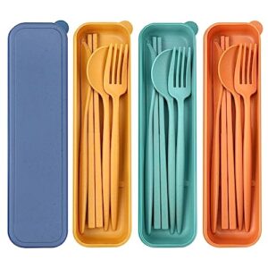 4 sets reusable utensils set with case, travel utensils with case, reusable utensils for lunch box accessories, portable chopsticks knife fork and spoon lunch utensils set for work,travel or daily use