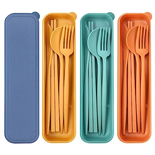 4 Sets Reusable Utensils Set with Case, Travel Utensils with Case, Reusable Utensils for Lunch Box accessories, Portable Chopsticks Knife Fork and Spoon Lunch Utensils Set for Work,Travel or Daily use