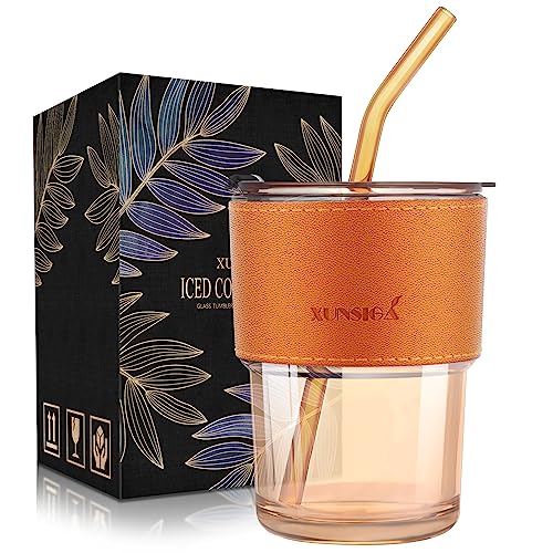 Xunsiga 15 oz Glass Cups with Lids and Straws, Glass Iced Coffee Cup with Insulated Leather sleeve, Cute Glass Coffee mugs for coffee Iced Tea Smoothie Cups, Glass Tumbler with lid - Amber