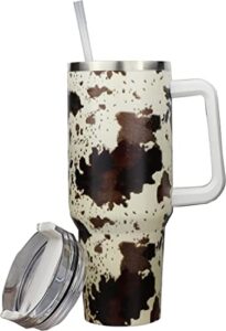 wonshia 40oz brown cow tumbler with handle, stainless steel tumbler with lid and straws, double vacuum leak proof travel coffee mug cup water bottle for home, office, party……