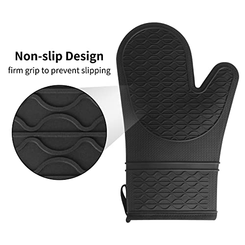 Vaincre Oven Mitts Heat Resistant - 2PCS Black Silicone Oven Mitts, Non-Slip Grip Soft Oven Mitt, Flexible Kitchen Oven Mits Potholders Oven Gloves for Cooking Baking Kitchen Mittens