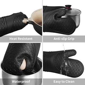 Vaincre Oven Mitts Heat Resistant - 2PCS Black Silicone Oven Mitts, Non-Slip Grip Soft Oven Mitt, Flexible Kitchen Oven Mits Potholders Oven Gloves for Cooking Baking Kitchen Mittens