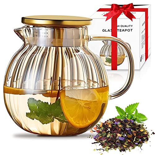 Saeifin Glass Teapot Stovetop Safe, Glass Tea Kettle 44oz/1300ml with Lid Perfect for Microwave Use, Handcrafted with Durable Borosilicate Glass and Stainless Steel Infuser, Ideal for Loose Leaf Tea