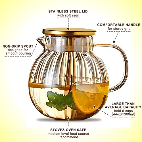 Saeifin Glass Teapot Stovetop Safe, Glass Tea Kettle 44oz/1300ml with Lid Perfect for Microwave Use, Handcrafted with Durable Borosilicate Glass and Stainless Steel Infuser, Ideal for Loose Leaf Tea