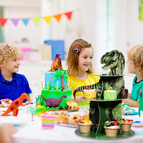 3 Tier Dinosaur Cupcake Stand Party Decorations Dinosaur Theme Cupcake Holder Decorations Dinosaur Dessert Tower for Kids Boys Dinosaur Jungle Theme Party Birthday Supplies