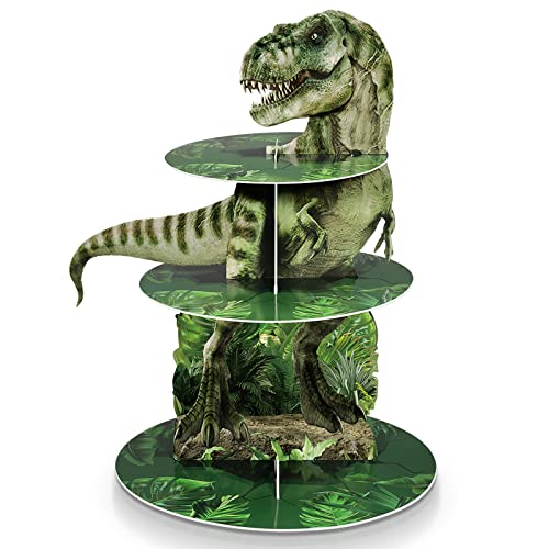 3 Tier Dinosaur Cupcake Stand Party Decorations Dinosaur Theme Cupcake Holder Decorations Dinosaur Dessert Tower for Kids Boys Dinosaur Jungle Theme Party Birthday Supplies