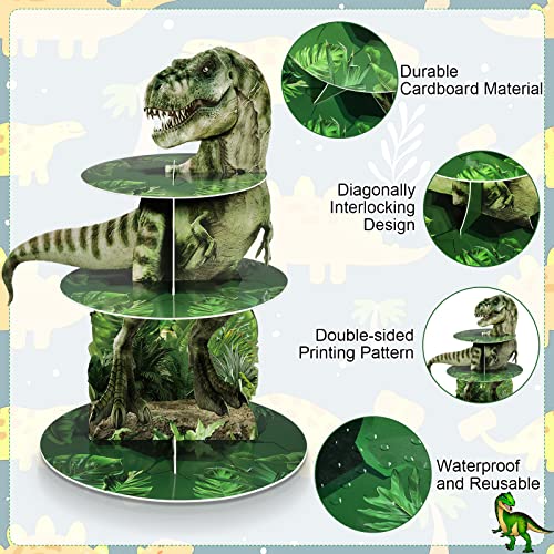 3 Tier Dinosaur Cupcake Stand Party Decorations Dinosaur Theme Cupcake Holder Decorations Dinosaur Dessert Tower for Kids Boys Dinosaur Jungle Theme Party Birthday Supplies