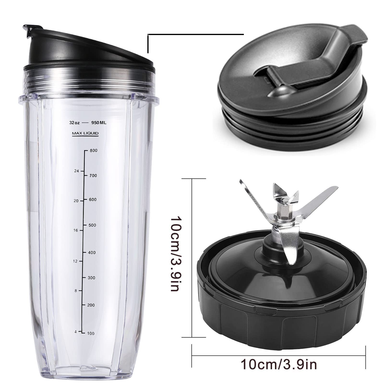 URSUMER Ninja Blender Replacement Parts - 32OZ Ninja Blender Cups and 7 Fins Blade, Nutri Ninja Blender Parts Ninja Bullet Blender Cups for Auto iQ BL682-30 BL642-30 BL450-30 BL482-30 BL687CO-30 ect.