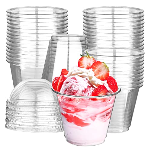 Giwrmu 9 oz Clear Plastic Cups, Ice Cream Cups with Dome Lids,PET Plastic Disposable Drinking Cups, Transparent Party Cups Perfect for Picnic, BBQ,Party, Travel and Events(50 Count)