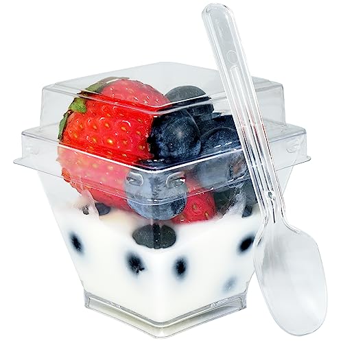 CAMARAAA Pack of 100 x 3 oz Mini Dessert Cups with Spoons and Lids, Square Tall Clear Plastic Parfait Appetizer Cup Small Reusable Serving Bowl for Party Desserts Appetizers