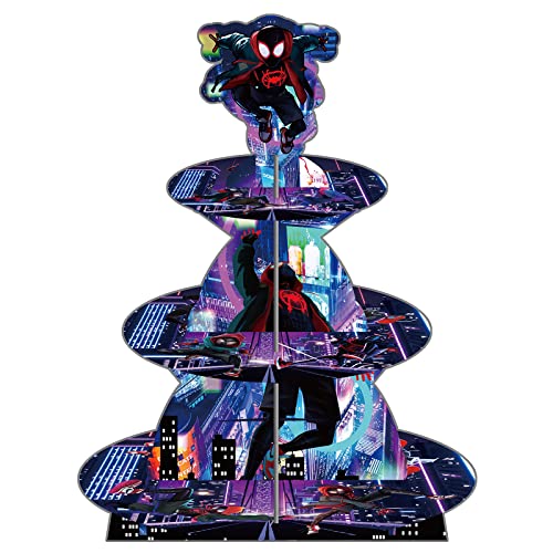 Miles Morales Cupcake Stand, Spider Hero Miles Party Supplies, 3-Tier Dessert Stand Black Spider Hero Party Decorations for Boys Kids Baby Shower