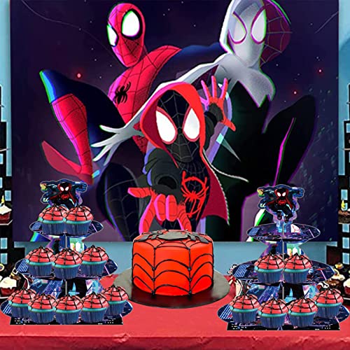 Miles Morales Cupcake Stand, Spider Hero Miles Party Supplies, 3-Tier Dessert Stand Black Spider Hero Party Decorations for Boys Kids Baby Shower