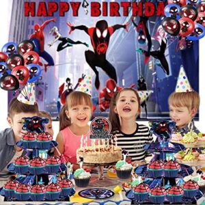 Miles Morales Cupcake Stand, Spider Hero Miles Party Supplies, 3-Tier Dessert Stand Black Spider Hero Party Decorations for Boys Kids Baby Shower