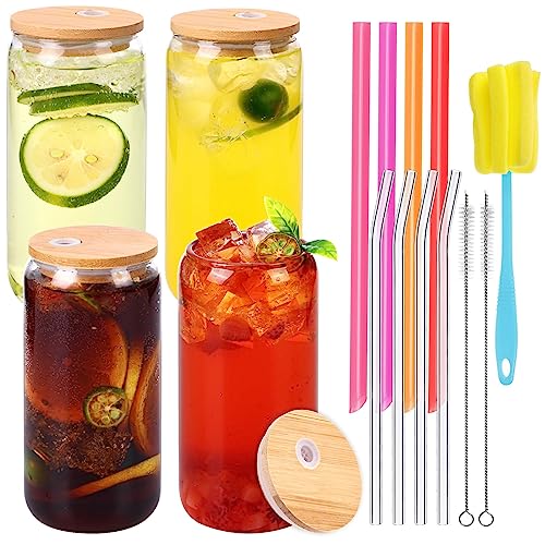 Moretoes 4pcs 20oz Glass Cups with Lids and Straws, Glass Iced Coffee Cups Drinking Glasses Set, Cute Tumbler Cup Boba Bottle for Jumbo Smoothie, Bubble