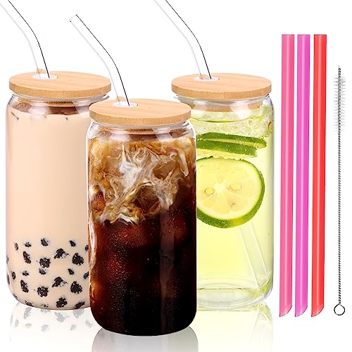 Moretoes 3pcs 16oz Glass Cups with Lids and Straws, Glass Iced Coffee Cups Drinking Glasses Set, Cute Tumbler Cup Boba Bottle for Jumbo Smoothie, Bubble Tea, Cold Brew,Soda, Juice