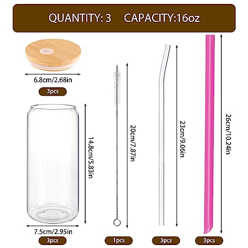 Moretoes 3pcs 16oz Glass Cups with Lids and Straws, Glass Iced Coffee Cups Drinking Glasses Set, Cute Tumbler Cup Boba Bottle for Jumbo Smoothie, Bubble Tea, Cold Brew,Soda, Juice