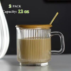 Mfacoy 2 PACK Glass Coffee Mugs with Handle & Spoon, 12 OZ Glass Coffee Cups with Bamboo Lid, Ribbed Glass Cups, Clear Tea Cup for Hot/Cold Beverages, Glassware Set for Americano, Latte, Cappuccino