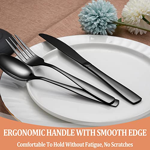 20 Pcs Black Silverware Set, Food-Grade Stainless Steel Flatware Set for 4, Square Cutlery Set, Mirror Polished Tableware Eating Utensils Set for Kitchen, Include Knife Fork Spoon Set,Dishwasher Safe