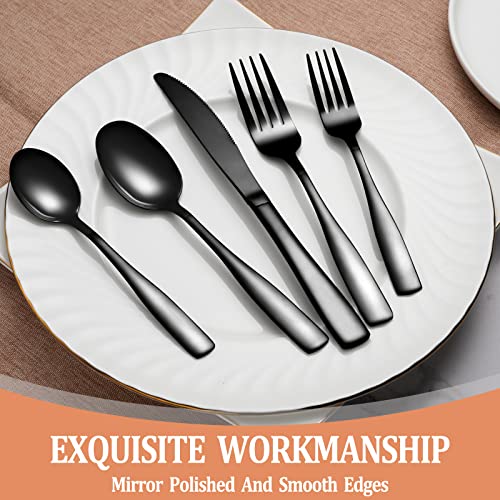 20 Pcs Black Silverware Set, Food-Grade Stainless Steel Flatware Set for 4, Square Cutlery Set, Mirror Polished Tableware Eating Utensils Set for Kitchen, Include Knife Fork Spoon Set,Dishwasher Safe