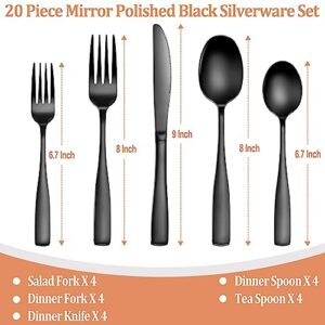 20 Pcs Black Silverware Set, Food-Grade Stainless Steel Flatware Set for 4, Square Cutlery Set, Mirror Polished Tableware Eating Utensils Set for Kitchen, Include Knife Fork Spoon Set,Dishwasher Safe