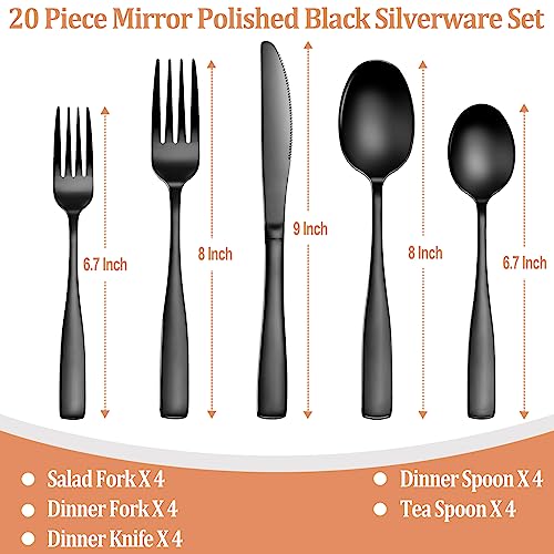 20 Pcs Black Silverware Set, Food-Grade Stainless Steel Flatware Set for 4, Square Cutlery Set, Mirror Polished Tableware Eating Utensils Set for Kitchen, Include Knife Fork Spoon Set,Dishwasher Safe