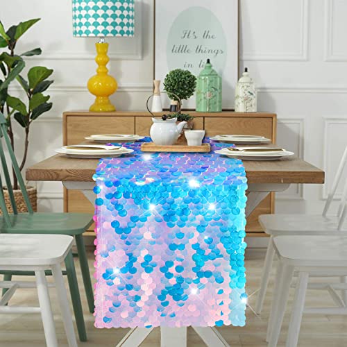 Mermaid Party Table Runner 12 x 84 Inches Mermaid Tail Scales Table Runner Glitter Holographic Sequin Table Cover for Ocean Under The Sea Party Decorations Mermaid Party Supplies (1)