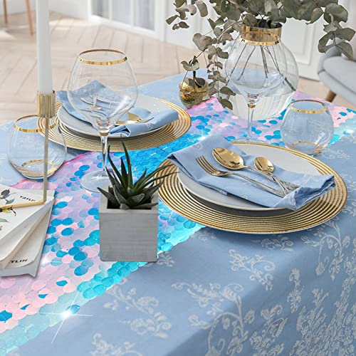 Mermaid Party Table Runner 12 x 84 Inches Mermaid Tail Scales Table Runner Glitter Holographic Sequin Table Cover for Ocean Under The Sea Party Decorations Mermaid Party Supplies (1)