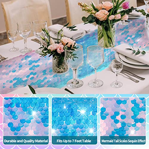 Mermaid Party Table Runner 12 x 84 Inches Mermaid Tail Scales Table Runner Glitter Holographic Sequin Table Cover for Ocean Under The Sea Party Decorations Mermaid Party Supplies (1)