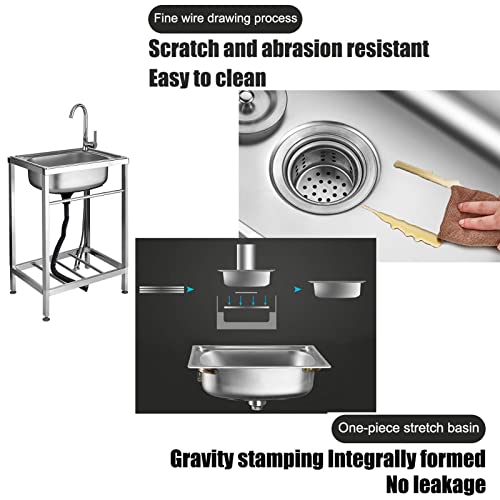 Stainless sink,1 compartment commercial kitchen sink,utility sink single bowl stainless steel,Thickened stainless steel single sink with stainless steel bracket and 360° swivel faucet, (Color : High