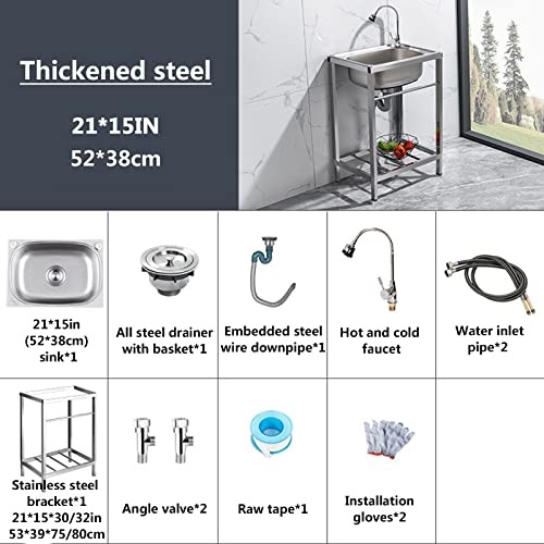 Stainless sink,1 compartment commercial kitchen sink,utility sink single bowl stainless steel,Thickened stainless steel single sink with stainless steel bracket and 360° swivel faucet, (Color : High