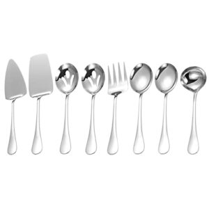 stainless steel serving utensils,8 pcs serving set with serving spoons,serving fork,soup ladle,lasagna server,pie server,polished serving utensil set for buffet parties home,dishwasher safe