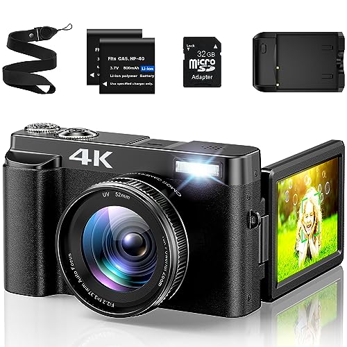 4K Digital Camera for Photography with 3'' 180°Flip Screen, Autofocus 48MP Vlogging Cameras for YouTube Compact Camera with 16X Digital Zoom 32GB SD Card, 2 Batteries and Charging Stand for Travel