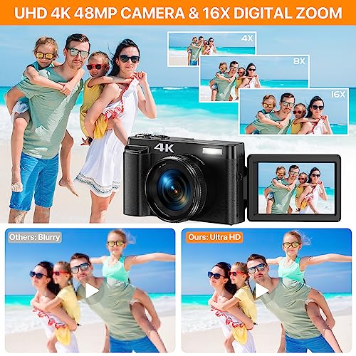 4K Digital Camera for Photography with 3'' 180°Flip Screen, Autofocus 48MP Vlogging Cameras for YouTube Compact Camera with 16X Digital Zoom 32GB SD Card, 2 Batteries and Charging Stand for Travel