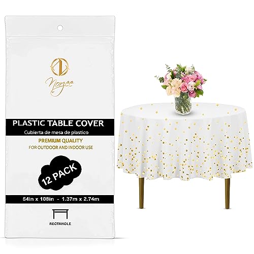 NORZEE 12-Pack White Disposable Plastic Tablecloths, 84" Plastic Table Cloth, Round Table Cover Gold CONFETY (12, White Gold)