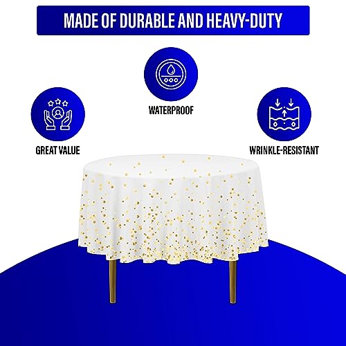 NORZEE 12-Pack White Disposable Plastic Tablecloths, 84" Plastic Table Cloth, Round Table Cover Gold CONFETY (12, White Gold)