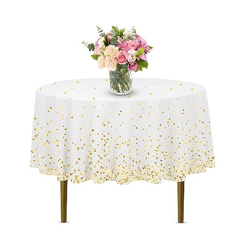 NORZEE 12-Pack White Disposable Plastic Tablecloths, 84" Plastic Table Cloth, Round Table Cover Gold CONFETY (12, White Gold)