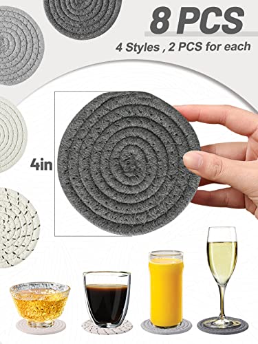 8 Pcs Absorbent Drink Coasters, 4 Styles Handmade BOHO Woven Coasters for Coffee Table, Heat-resistant Modern Cotton Coasters for Kinds of Cups Housewarming (4.3in)