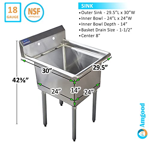 AmGood Stainless Steel Prep & Utility Sink | 304 Stainless Steel | Overall Size: 29 3/4" x 23 5/8" | Restaurant, Kitchen, Laundry, Garage | NSF (Bowl Size: 24" x 18" No Faucet)