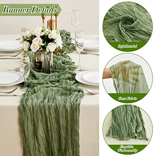 Sage Green Cheesecloth Table Runner - 13.3Ft Boho Gauze Cheese Cloth Table Runner 35x160 Inch Long Romantic Sheer Table Runner for Wedding Bridal Baby Shower Birthday Party Table Decoration