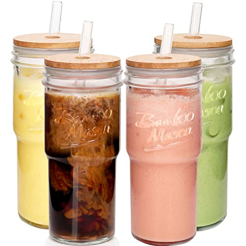 ANOTION Glass Cups with Lids and Straws 4 Packs, 24oz Travel Coffee Mug Wide Mouth Mason Jar Iced Coffee Cup Smoothie Cup Glass Tumbler Tea Cup Boba Cup Clear Cute Water Cups Drinking Jars Glasses