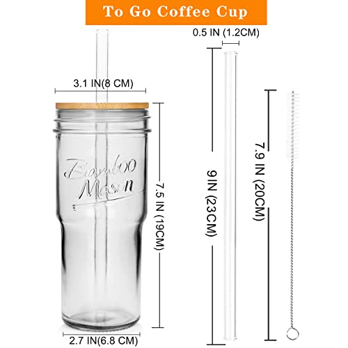 ANOTION Glass Cups with Lids and Straws 4 Packs, 24oz Travel Coffee Mug Wide Mouth Mason Jar Iced Coffee Cup Smoothie Cup Glass Tumbler Tea Cup Boba Cup Clear Cute Water Cups Drinking Jars Glasses