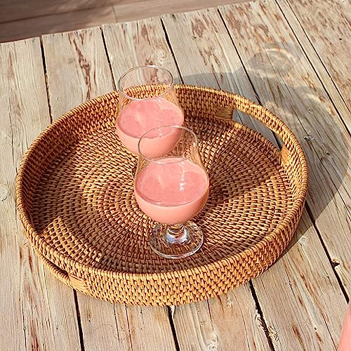 Round Rattan Serving Tray Decorative Woven Ottoman Trays for Coffee Table Natural Round Woven Tray, 14 Inch