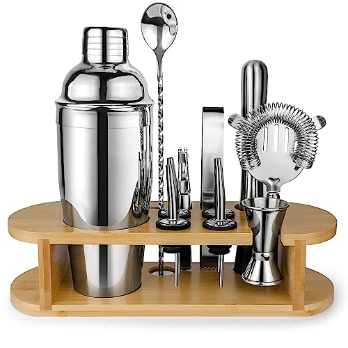 Cocktail Shaker Set with Bamboo Stand, 12-Piece Bartender Kit with Stainless Steel Bar Accessories, Gifts for Men Dad Cocktail Lovers, Home Essentials Bar Set Drink Mixer Set with Cocktail Recipes