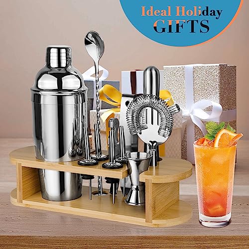 Cocktail Shaker Set with Bamboo Stand, 12-Piece Bartender Kit with Stainless Steel Bar Accessories, Gifts for Men Dad Cocktail Lovers, Home Essentials Bar Set Drink Mixer Set with Cocktail Recipes