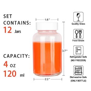 HINGWAH 12 Pack 4 OZ Glass Shot Bottles with Caps, 120 ML Empty Wellness Juice Shot Bottles, Reusable Clear Glass Bottles for Juice, Shots and Homemade Beverages