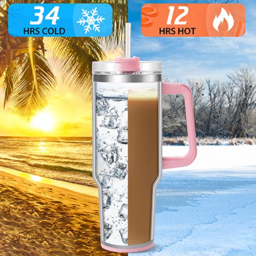 40 oz Tumbler with Handle and Straw, Pink Insulated Travel Mug Iced Coffee Cup, Reusable Stainless Steel Insulated Water Bottle, Keeps Drinks Cold for 34 Hours, Dishwasher Safe, BPA Free