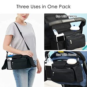 PATPAT Universal Stroller Organizer with 2 Insulated Cup Holders Detachable Zippered Bag Mesh Pocket & Adjustable Shoulder Strap Fits For All, Black