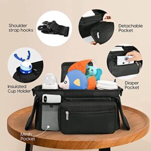 PATPAT Universal Stroller Organizer with 2 Insulated Cup Holders Detachable Zippered Bag Mesh Pocket & Adjustable Shoulder Strap Fits For All, Black