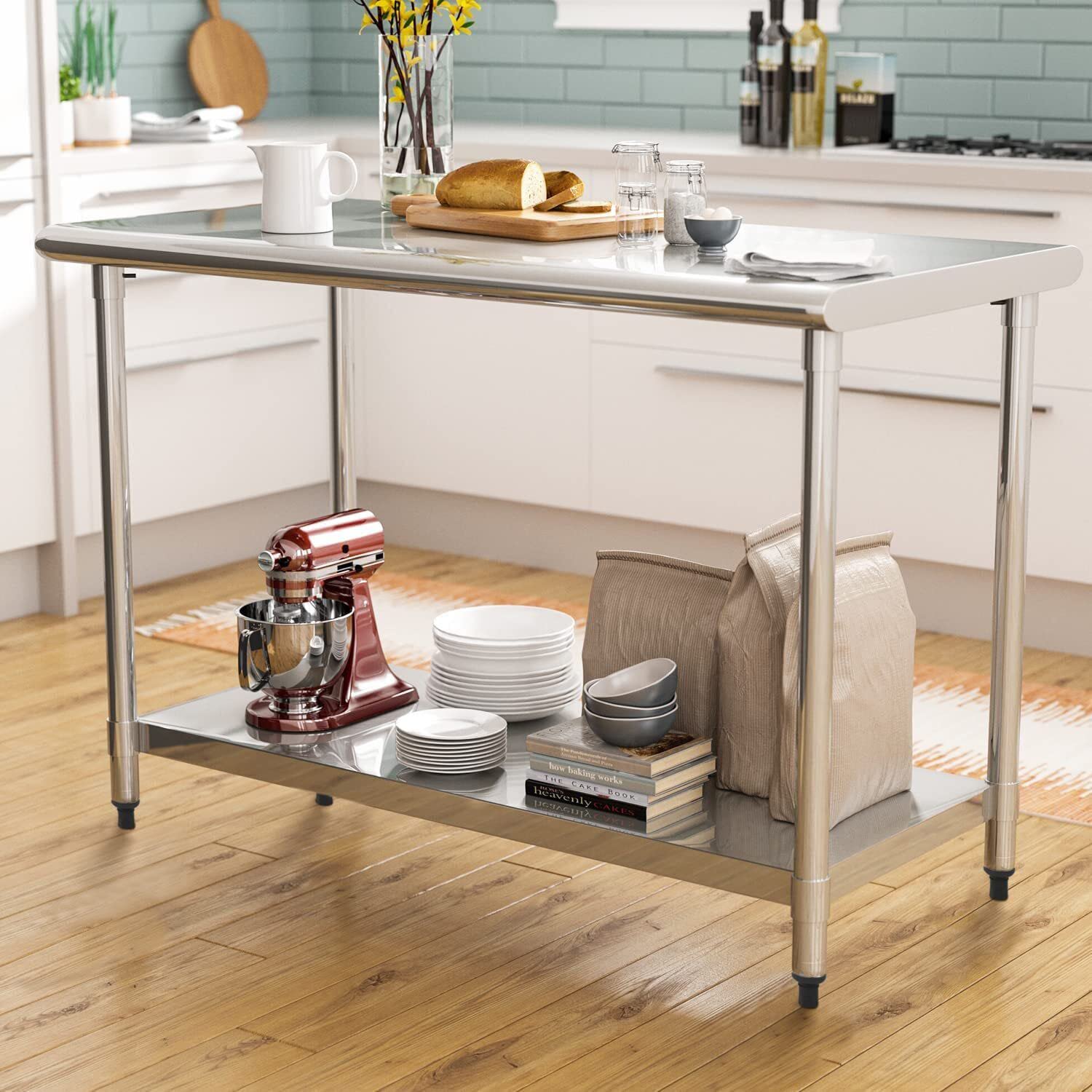 Saranya 18 Shop New Modern Silver 48 inches Commercial Stainless Steel Work Table with Wheels Adjustable Cook Under Prop Food Strong Cafeteria Shelf Kitchen Restaurant Office Home 48"L x 24"W x 35"H